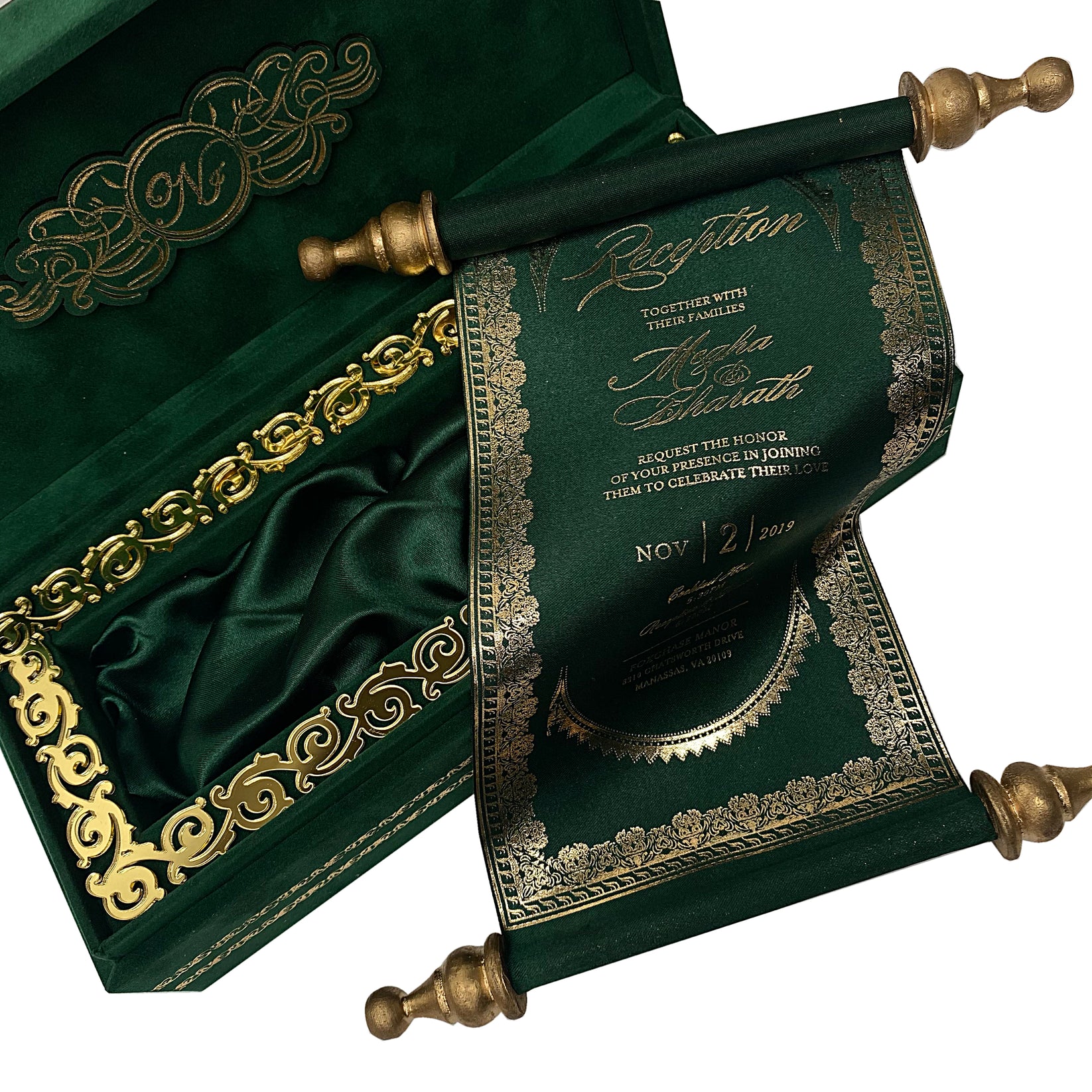 Regal Green Scroll Invitation – Upani