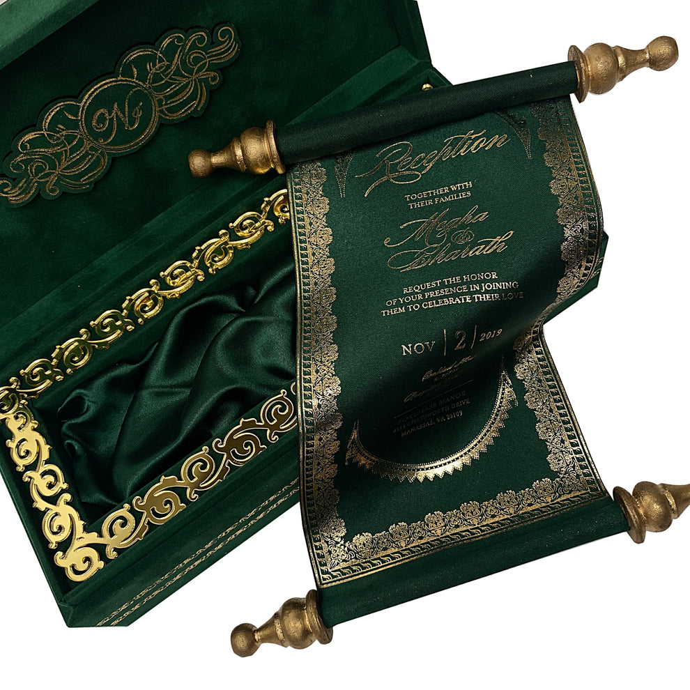 Regal Green Scroll Invitation – Upani